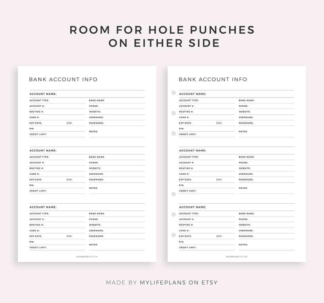 Bank Account Information Tracker Printable Bank Account Log - Etsy