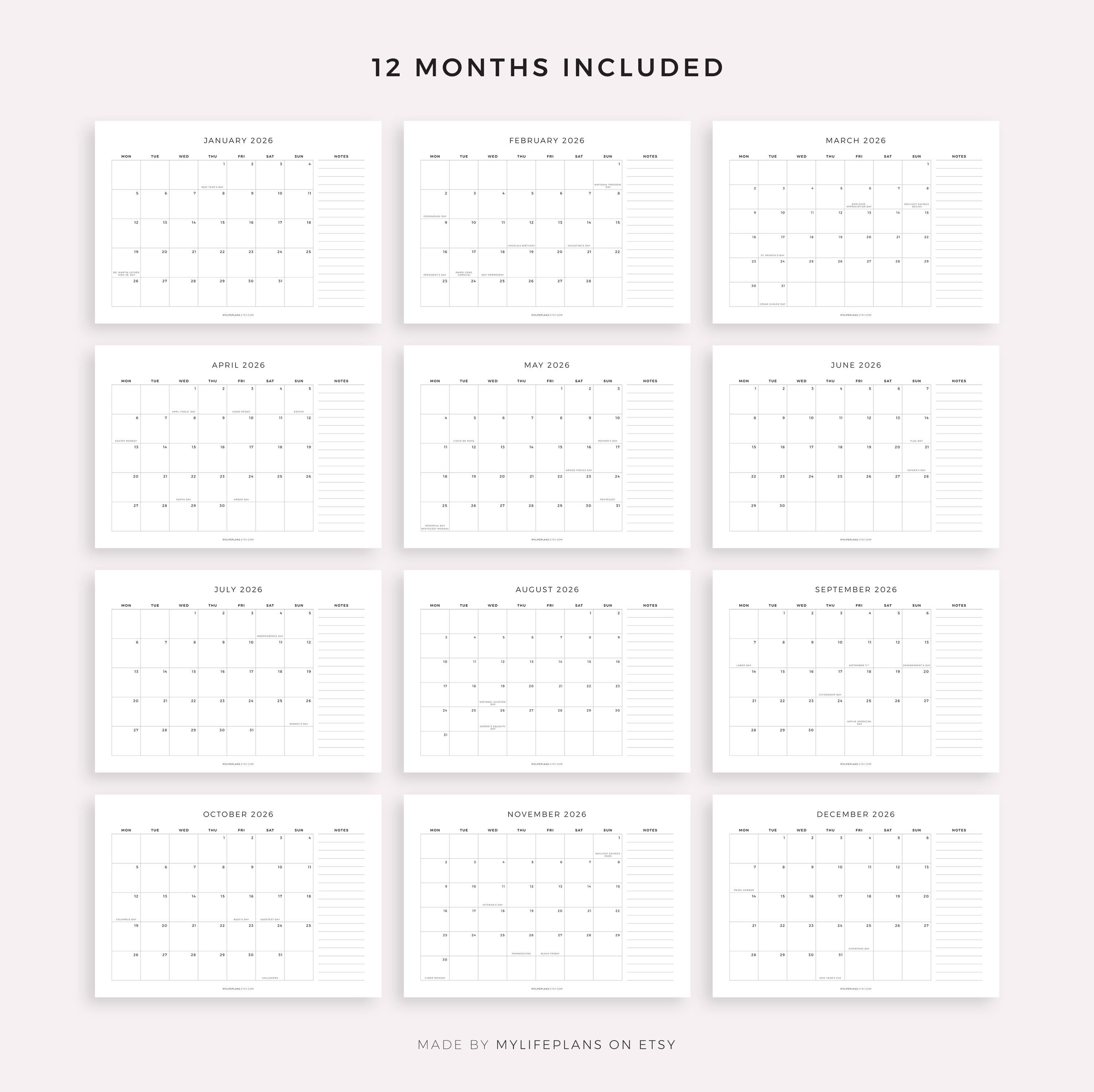 2026 Monthly Planner With Holidays, Monthly Organizer, Month at a ...