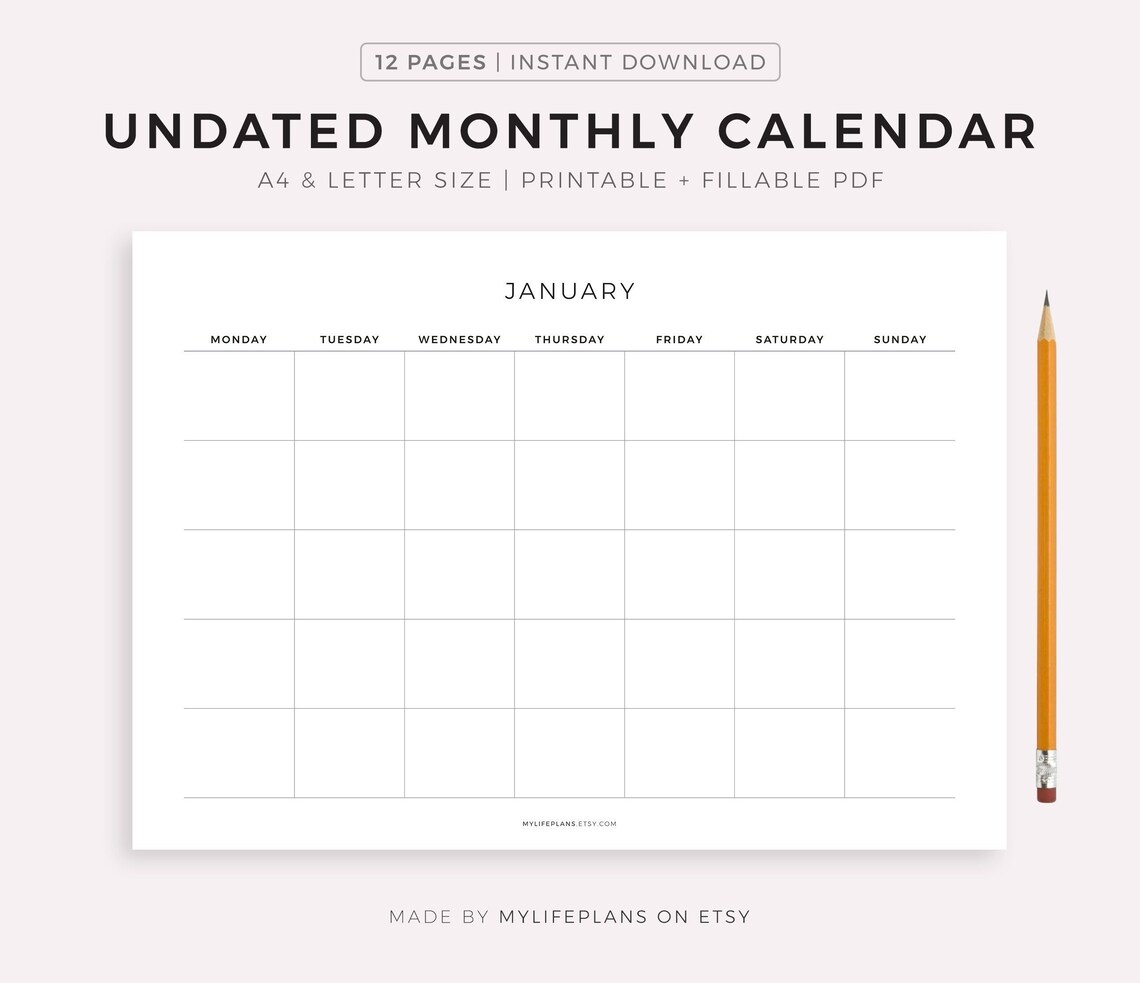 Undated Monthly Calendar Printable Landscape Minimalist | Etsy