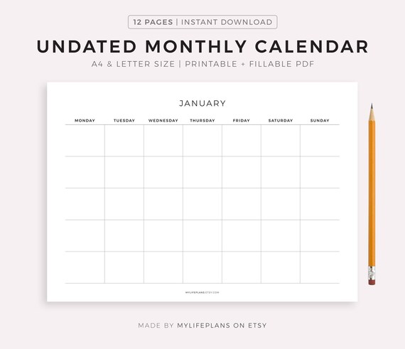 Paper Paper & Party Supplies Digital Download A4 Dateless Wall Calendar ...