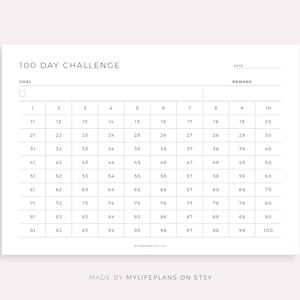 100 Day Challenge Printable Landscape, Goal Setting, Progress Tracker ...
