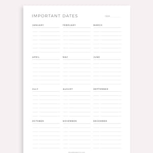 Yearly Important Dates Printable - Birthdays, Anniversaries, Travels ...