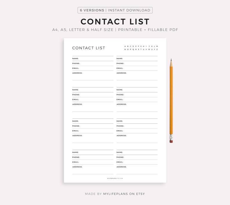 Contacts List Printable, Address Book, Contact Information, Contact ...