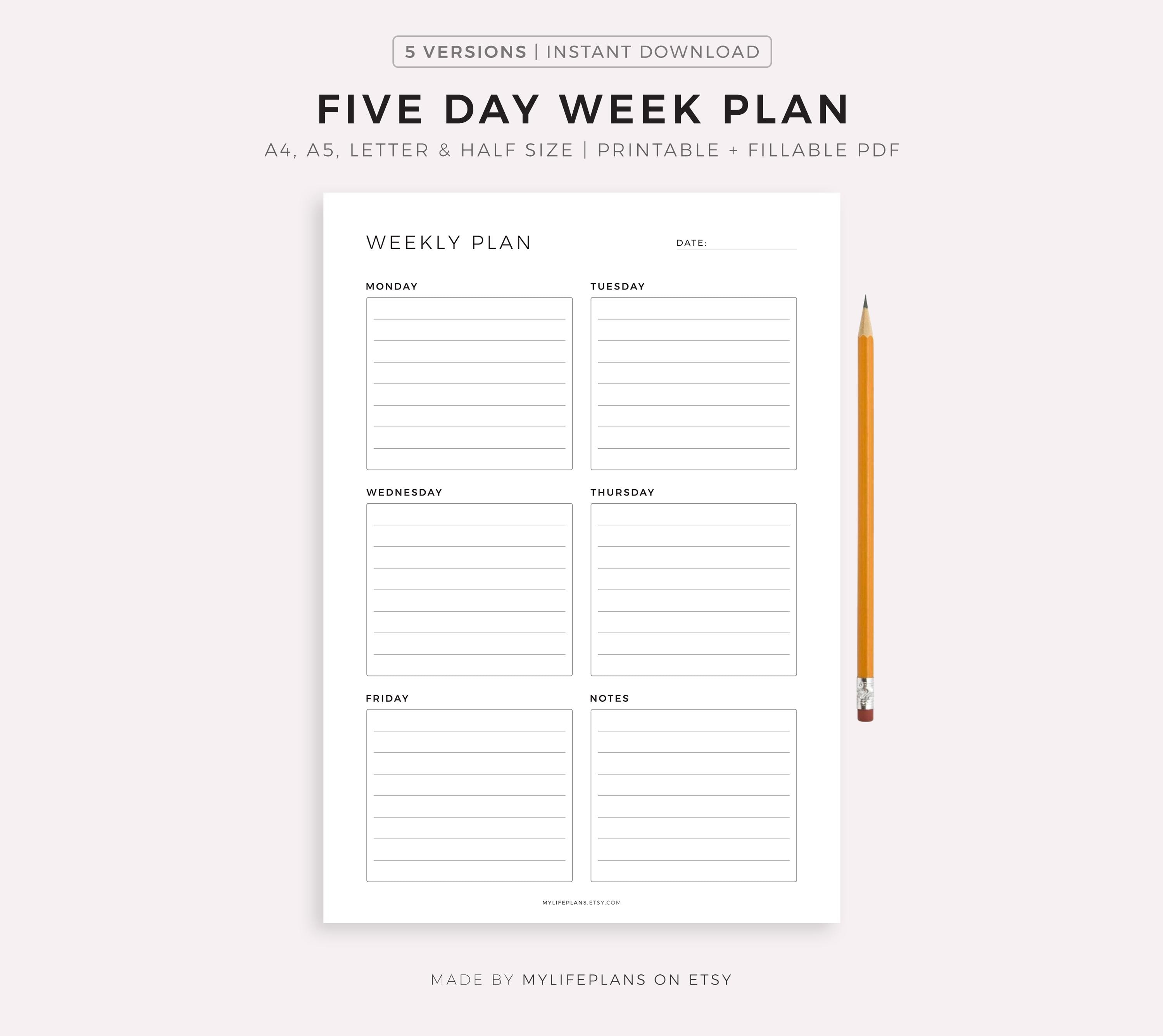 Five Day Weekly Planner Printable, Student Planner, Desk Organizer ...