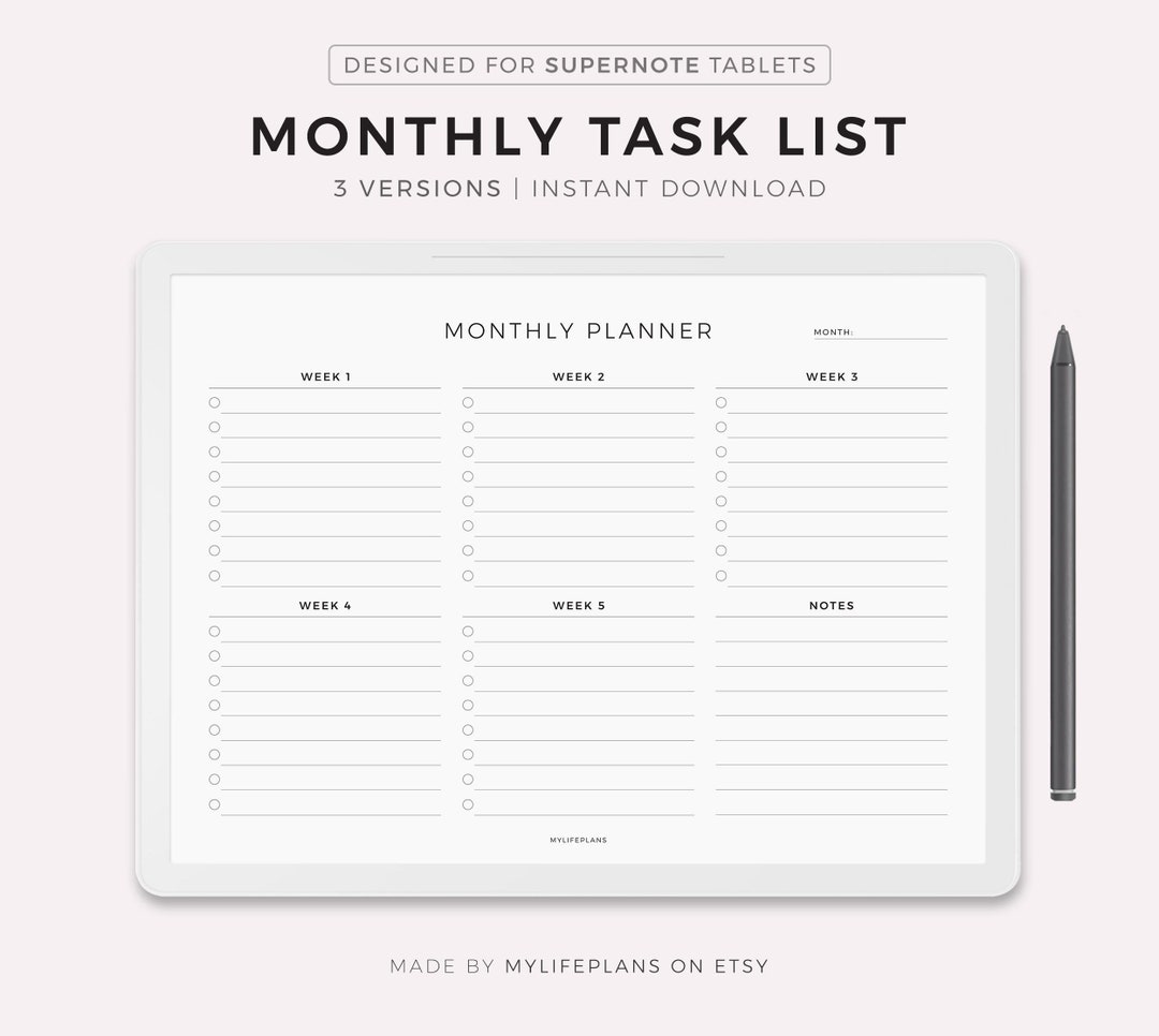 Monthly Task List for Supernote A5X2/A5X/A5/A6X2/A6X/A6, Landscape, to ...
