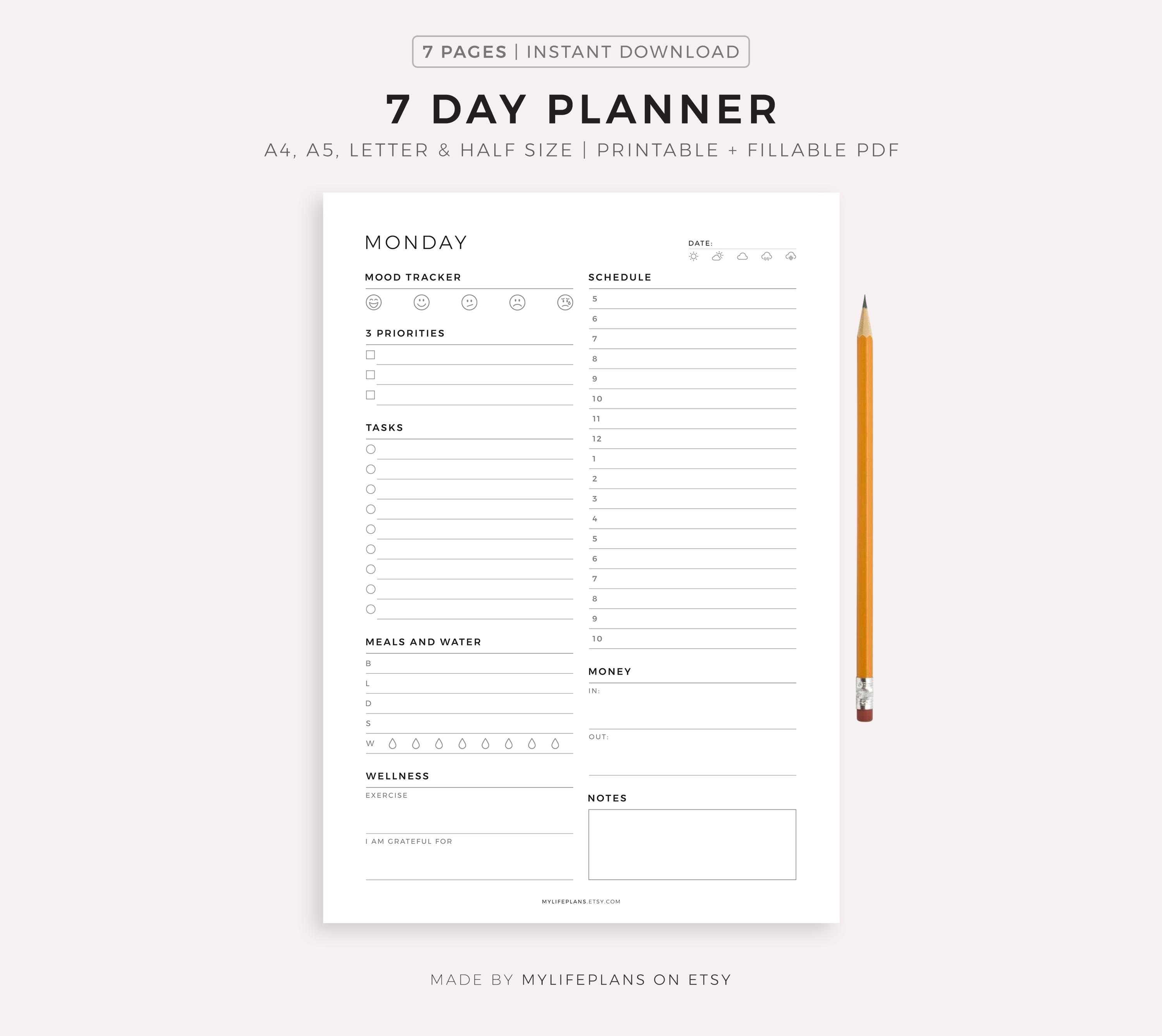 7 Day Planner Printable, Daily Planner, Weekly Planner, Daily to Do ...