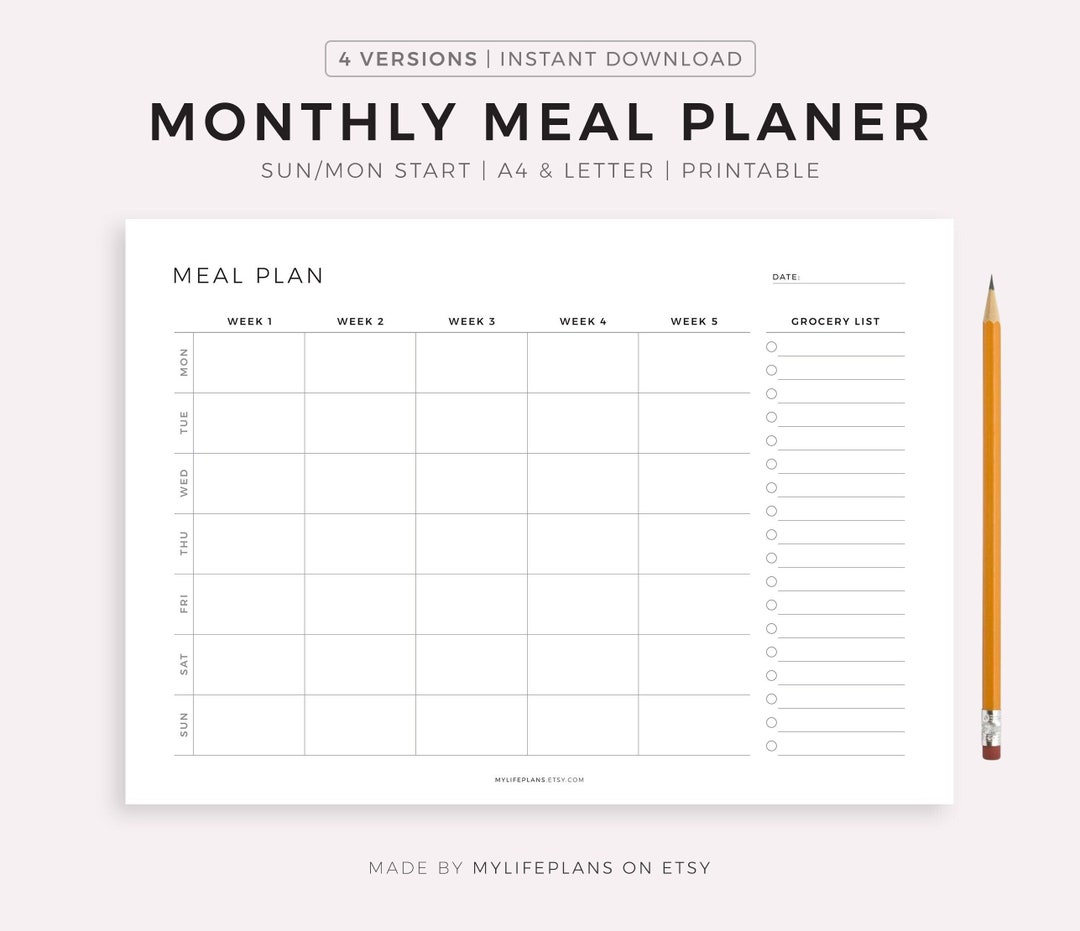 Monthly Meal Planner Printable Landscape, 30 Day Menu Planner, Food ...