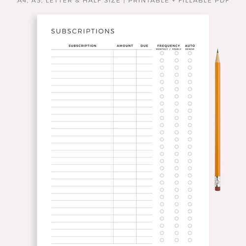 Subscription Tracker Printable Membership Checklist Expense - Etsy
