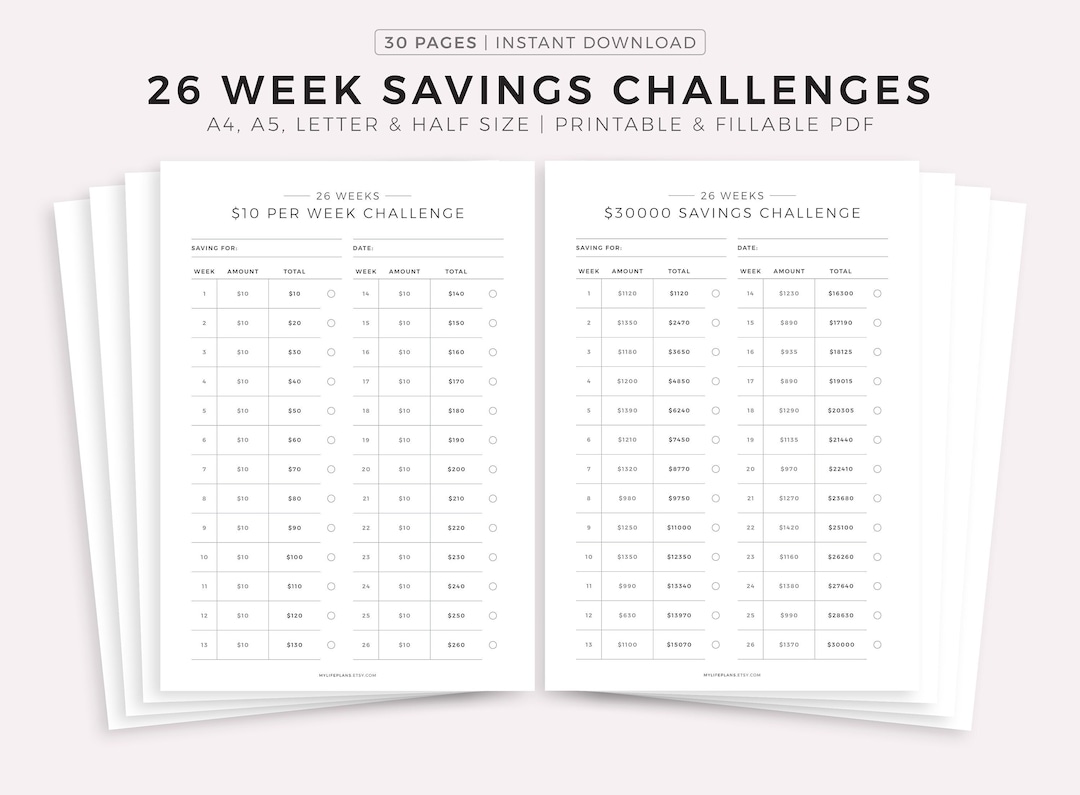 26 Week Saving Challenges Printable & Fillable PDF, Savings Trackers ...