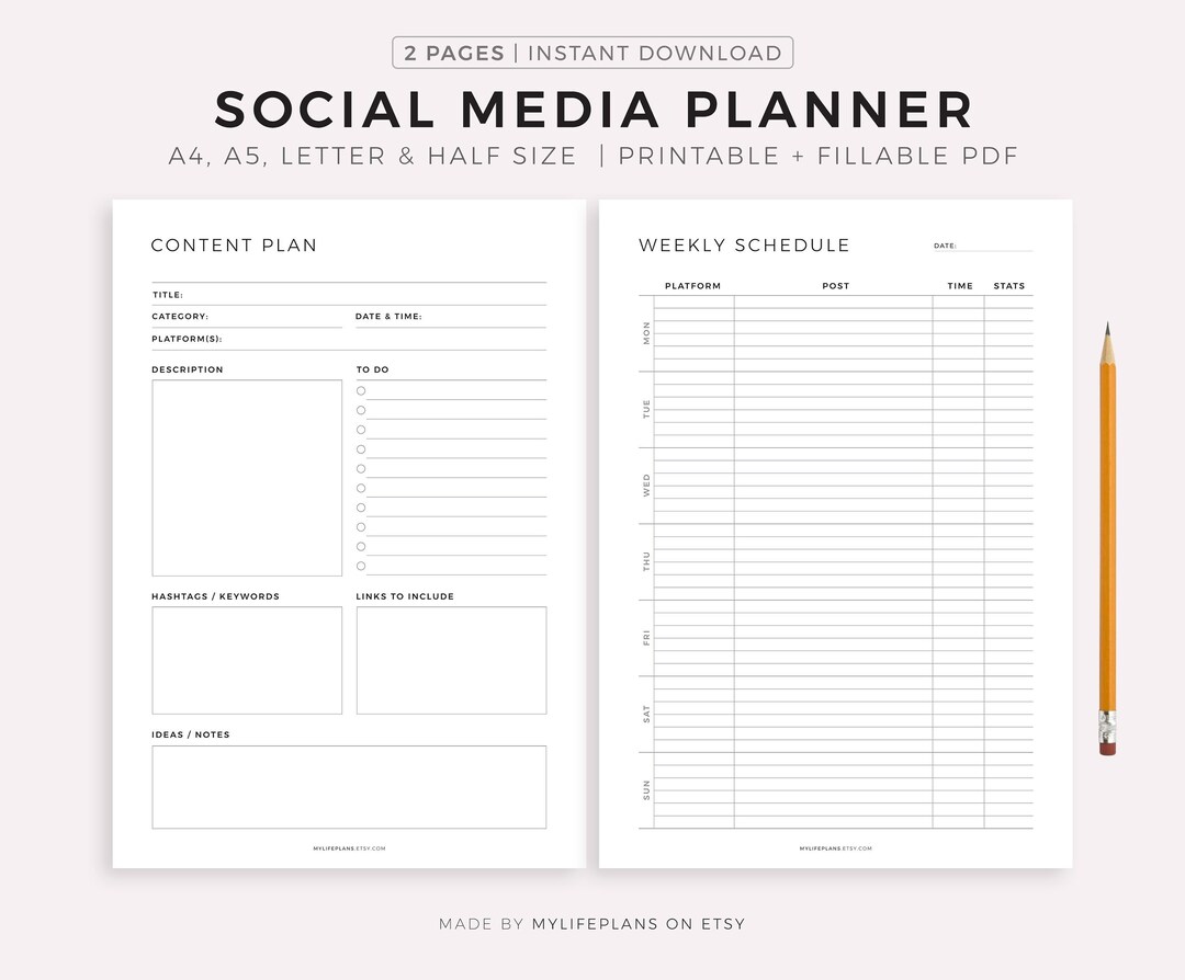 Social Media Planner Printable, Content Planner for Instagram, Youtube ...