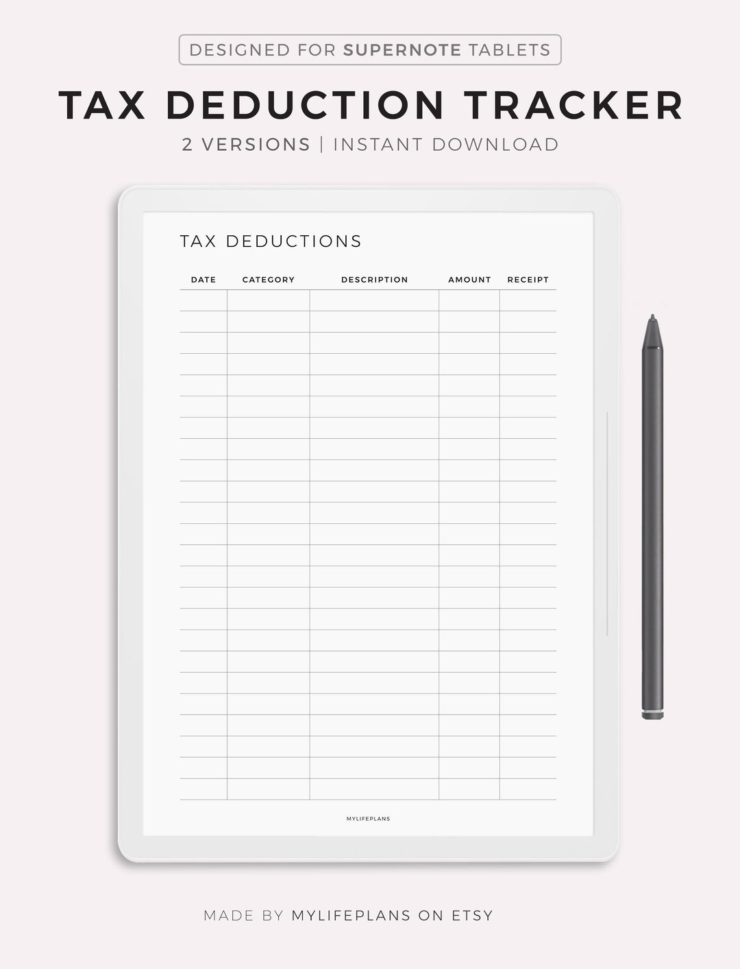 Tax Deduction Tracker for Supernote A5X2/A5X/A5/A6X2/A6X/A6, Instant ...