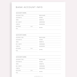 Bank Accounts Tracker Printable Template, Bank Account List, Bank ...