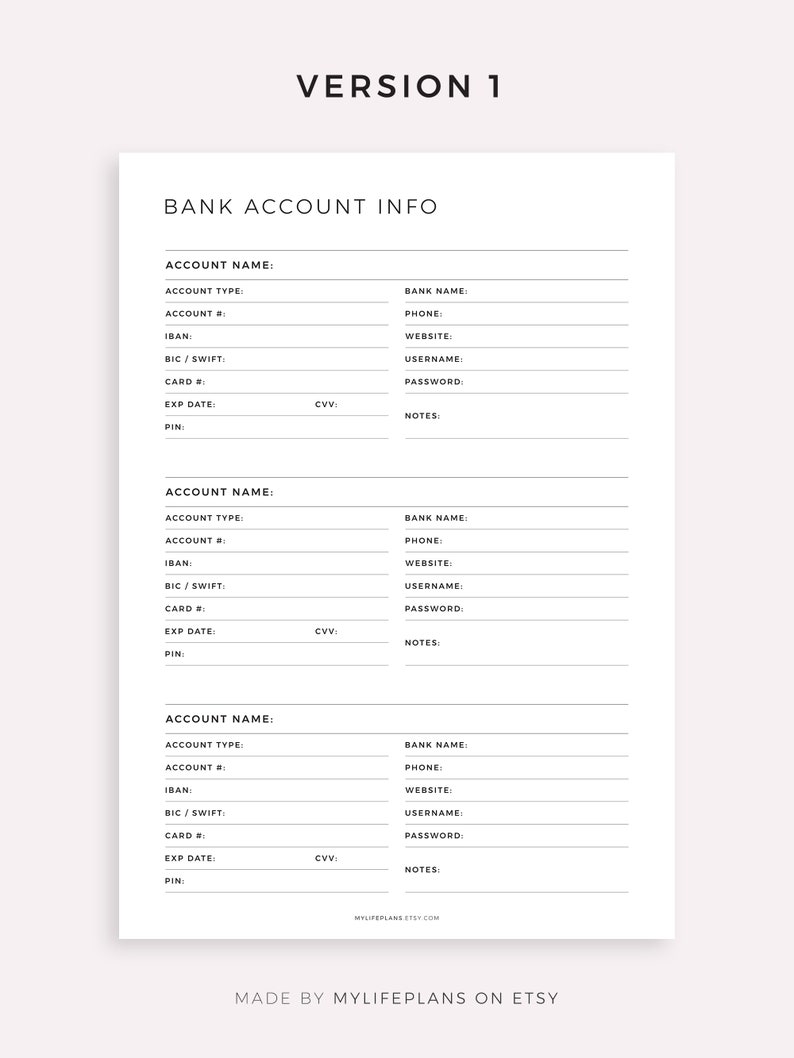 Bank Accounts Tracker Printable Template Bank Account List - Etsy UK