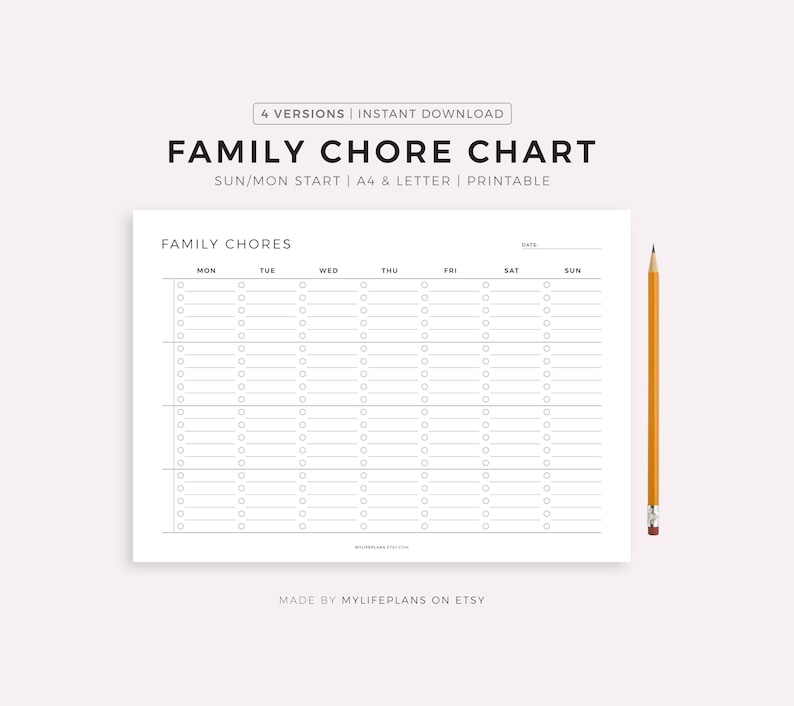 Family Chore Chart Printable Landscape, Weekly Household Chores for ...