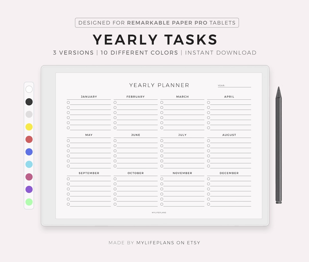 Yearly Tasks Planner for Remarkable Paper Pro, Yearly to Do List ...