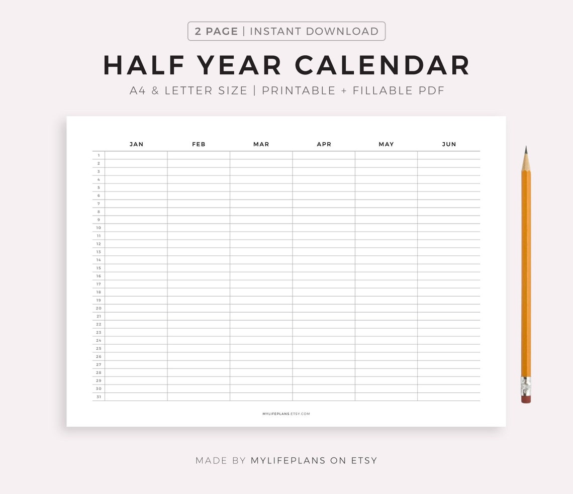 Half Year Calendar Printable Undated Calendar on 2 Pages - Etsy