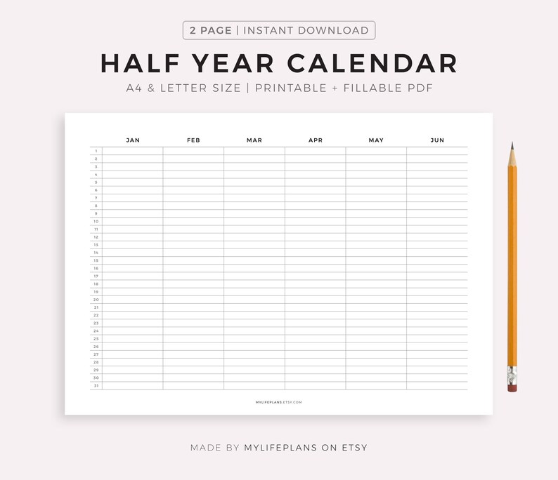 Half Year Calendar Printable Undated Calendar on 2 Pages - Etsy