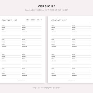 Contacts List Printable, Address Book, Contact Information, Contact ...