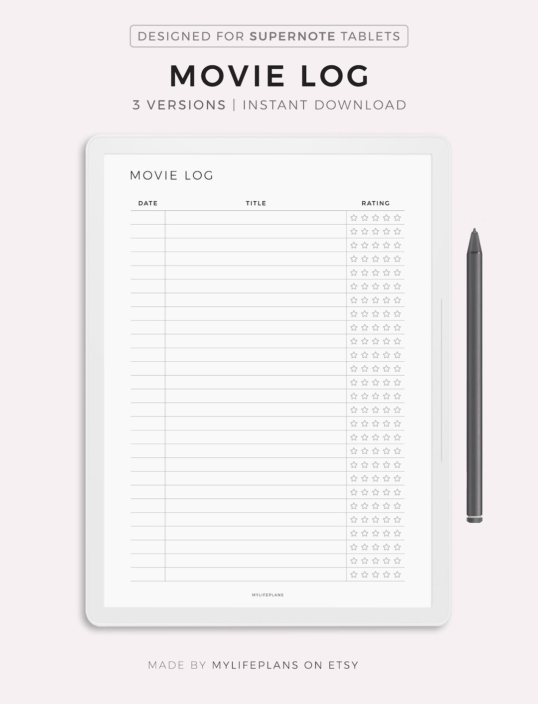 Movie Log Template for Supernote A5X2/A5X/A5/A6X2/A6X/A6, Instant ...