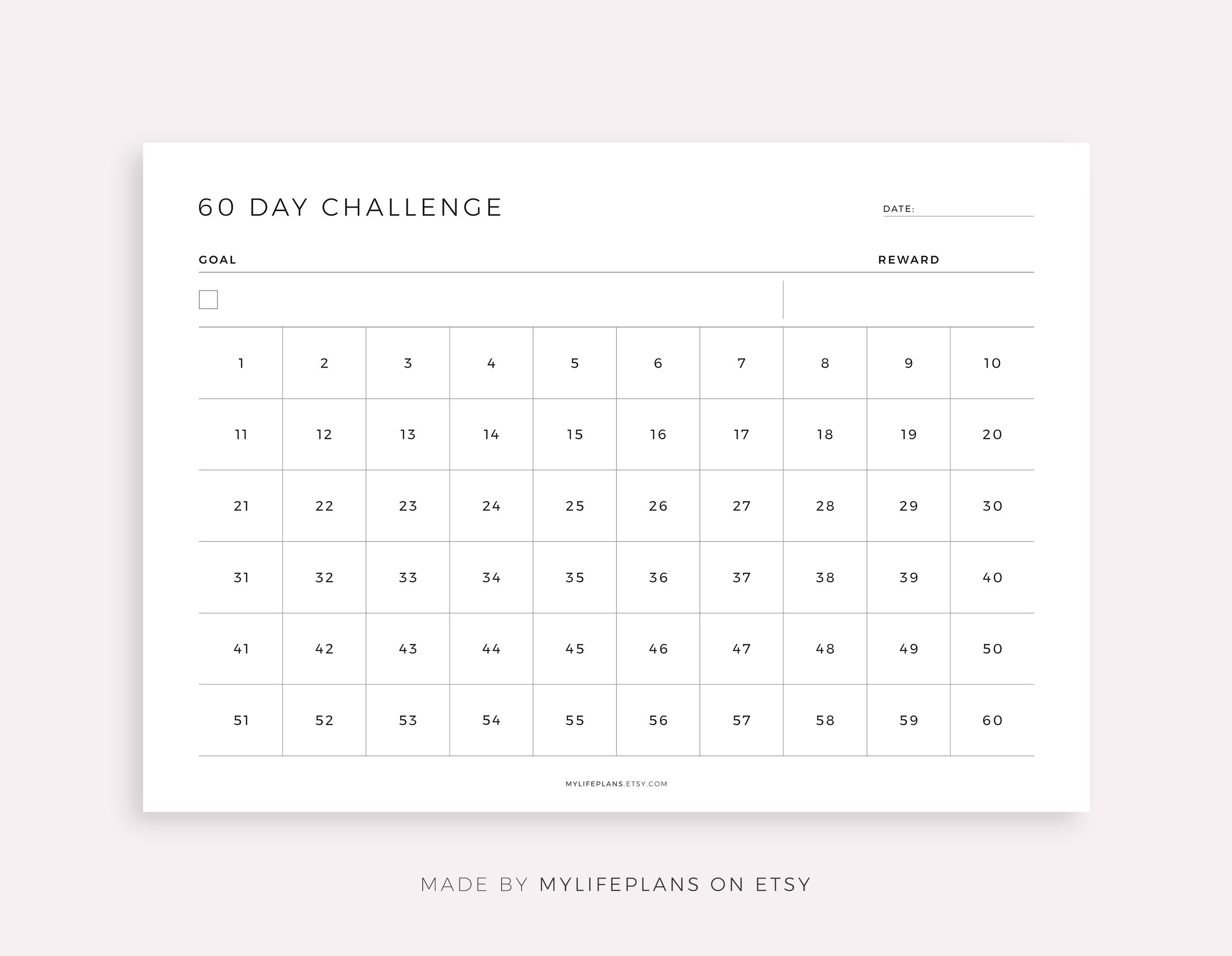 60 Day Challenge Printable Landscape, Goal Setting, Progress Tracker ...