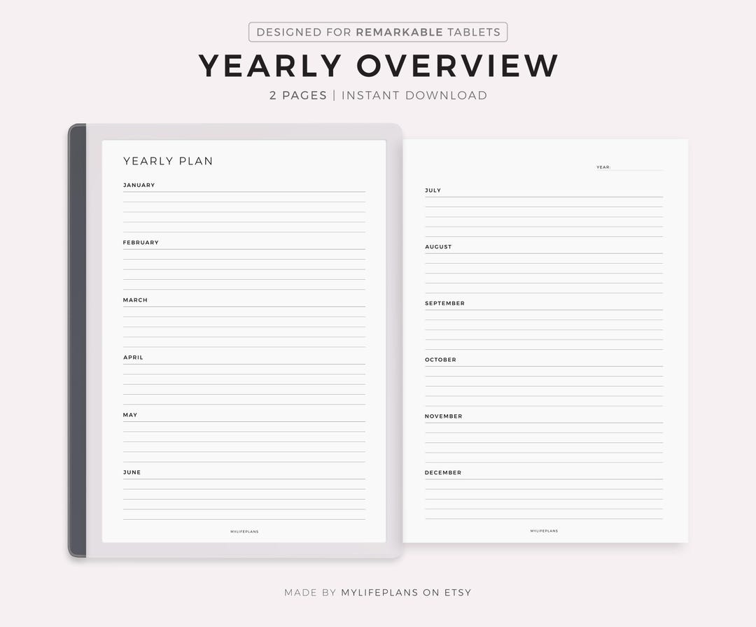 Yearly Overview Planner for Remarkable 2, Two Page Yearly Planner, Year ...
