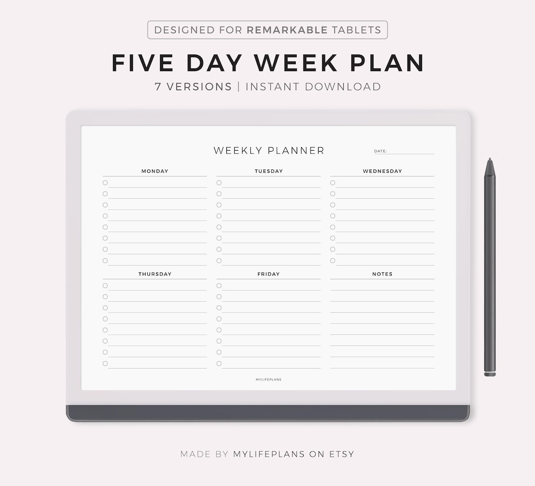 Five Day Weekly Planner for Remarkable 2, Landscape, Student Planner ...