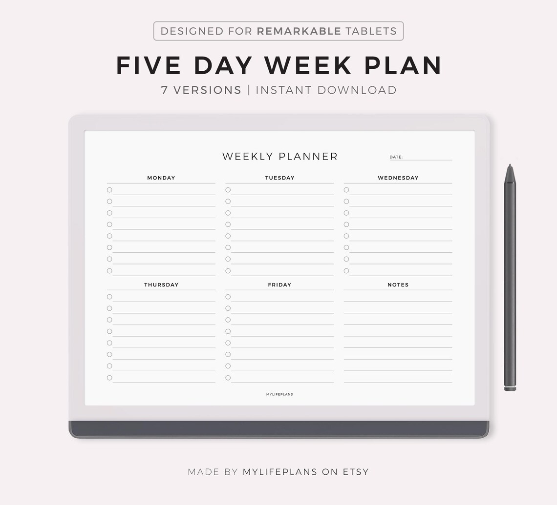 Five Day Weekly Planner for Remarkable 2, Landscape, Instant Download ...