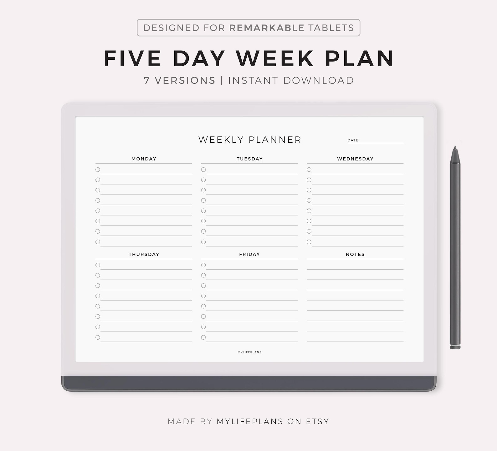 Five Day Weekly Planner for Remarkable 2, Landscape, Instant Download ...