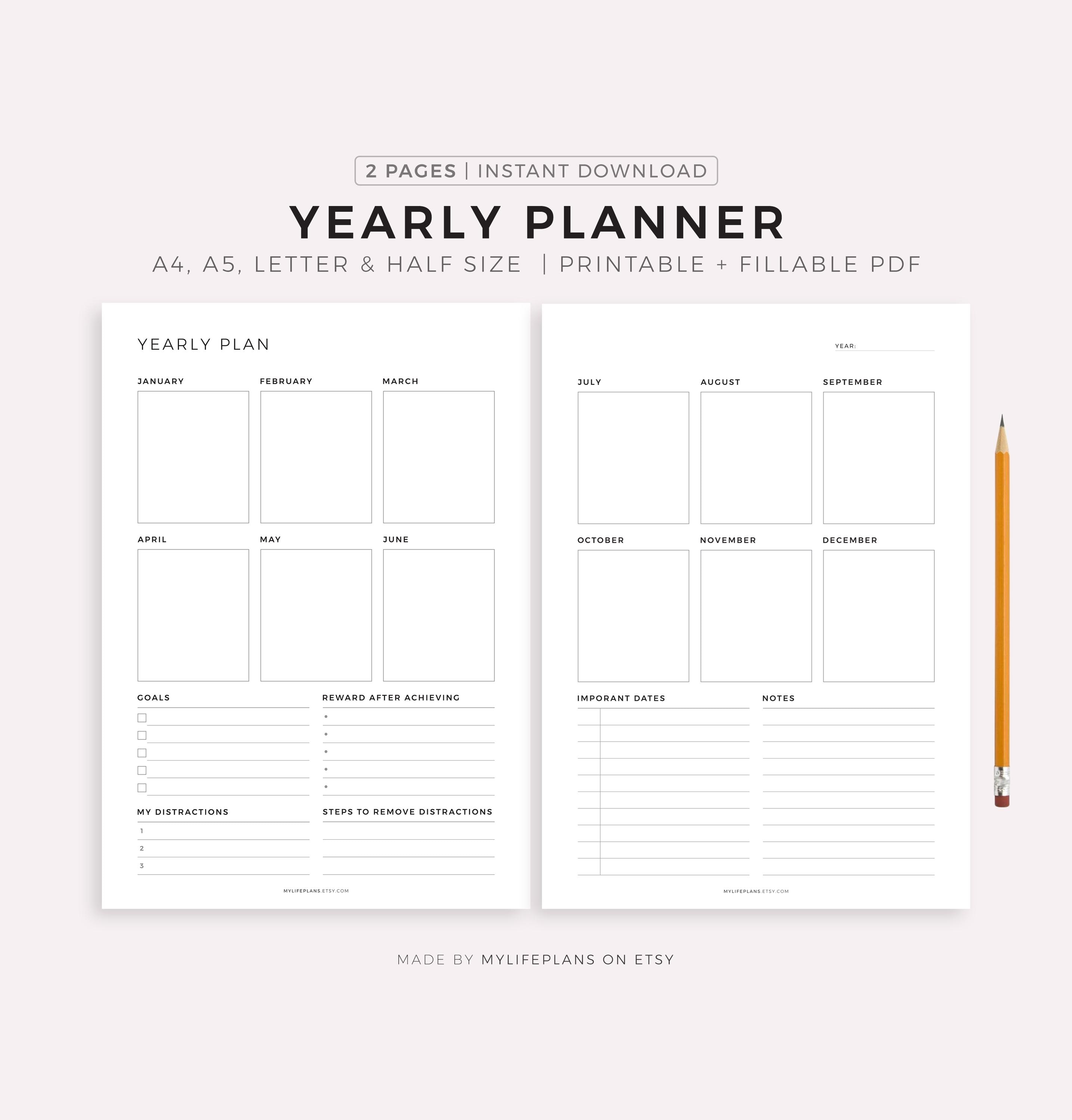 2 Page Yearly Planner - Yearly Goals, Important Dates, Rewards ...