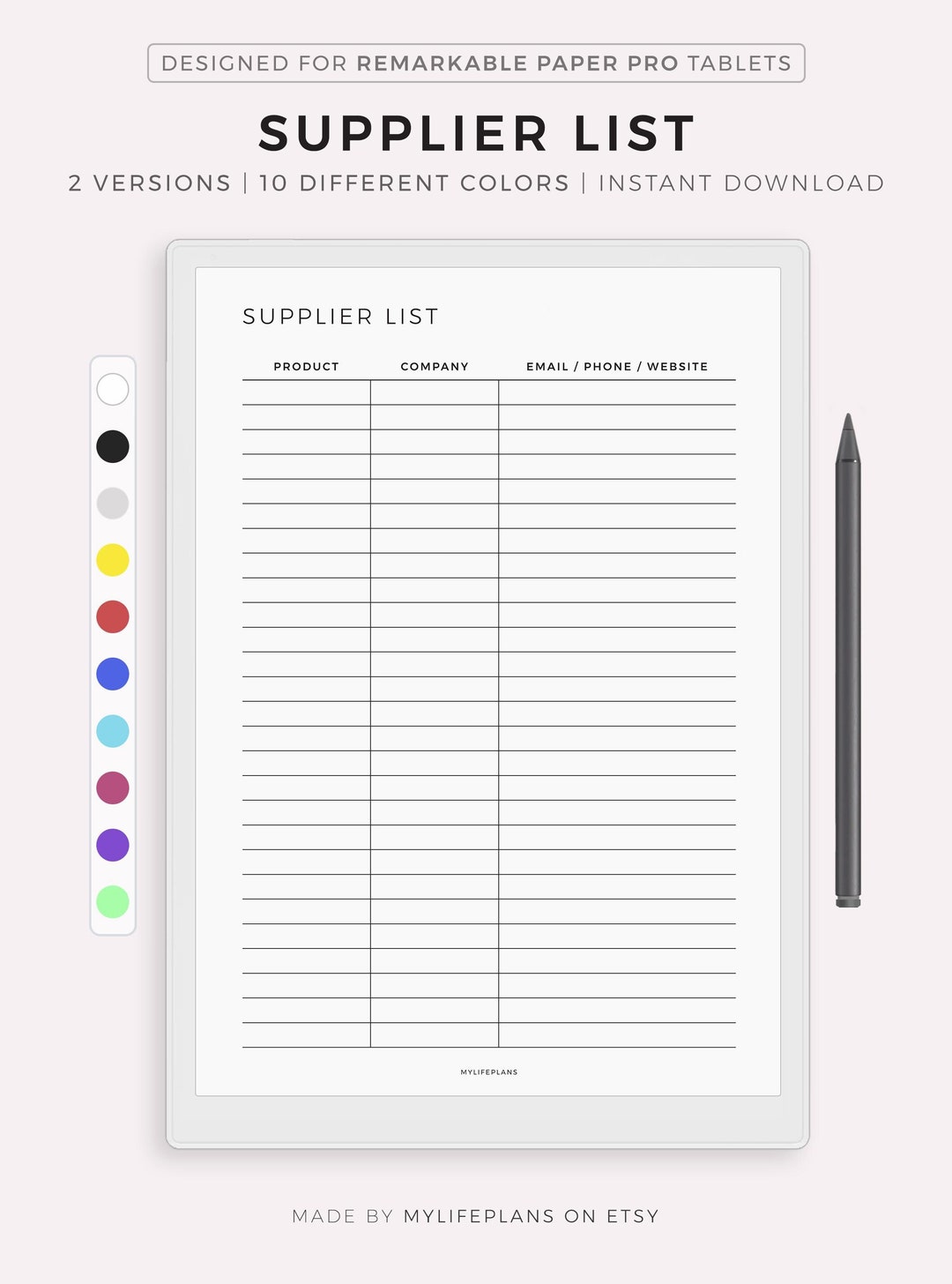 Supplier List Template for Remarkable Paper Pro, Instant Download - Etsy