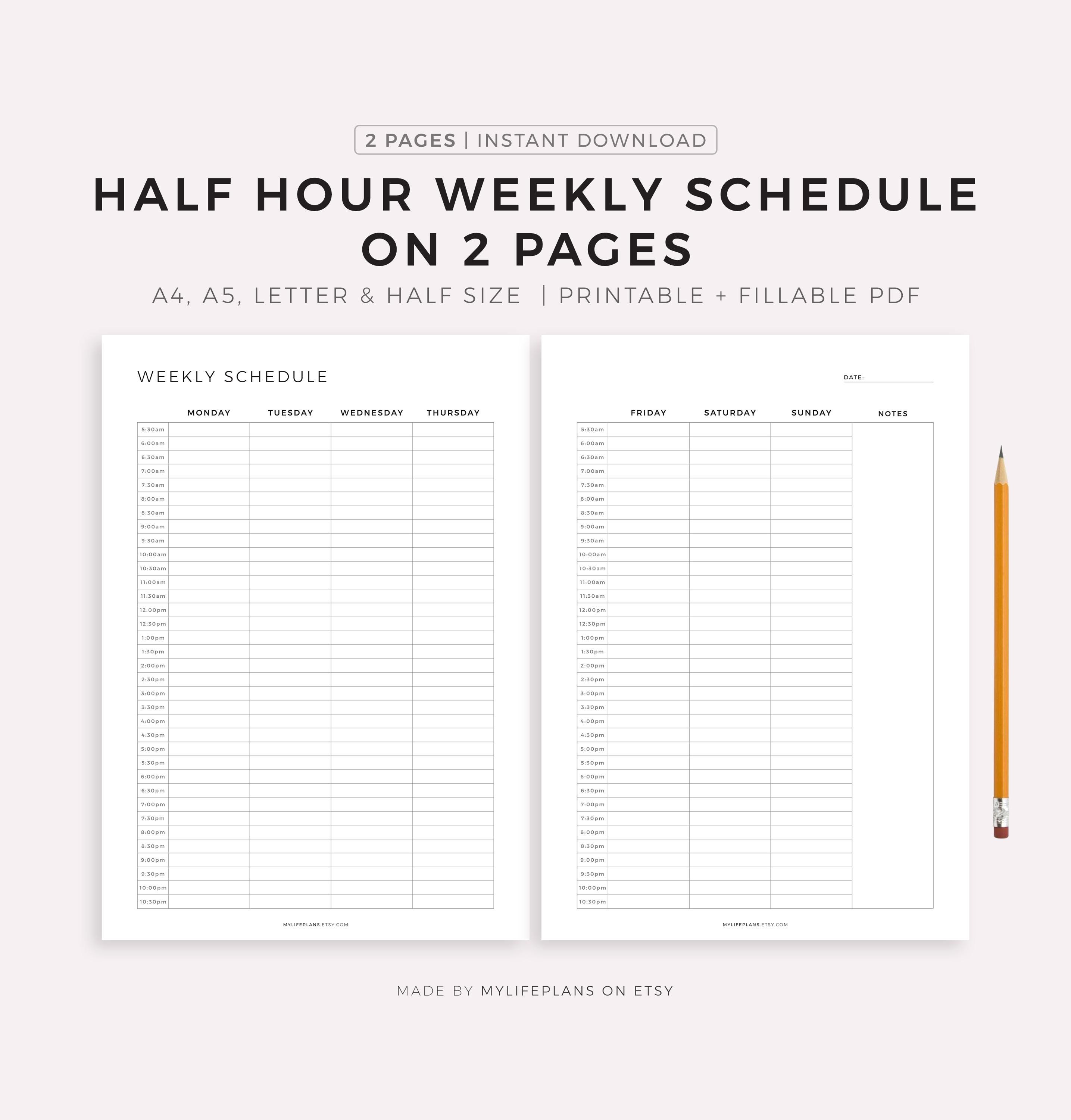Half Hour Weekly Schedule on 2 Pages, Weekly Planner Printable, Week at ...