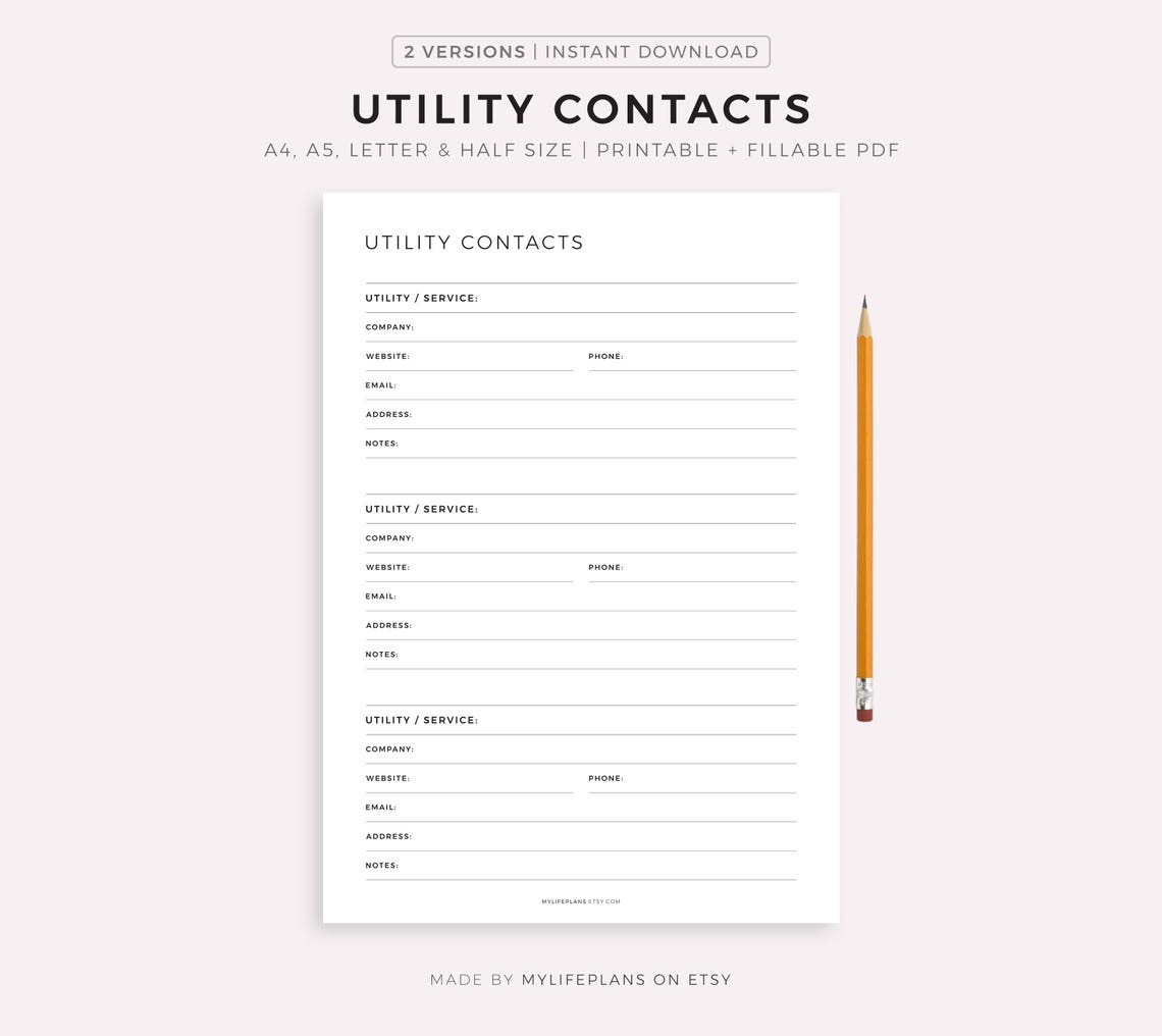 Printable Utility Contacts Template, Service Provider Contact List ...