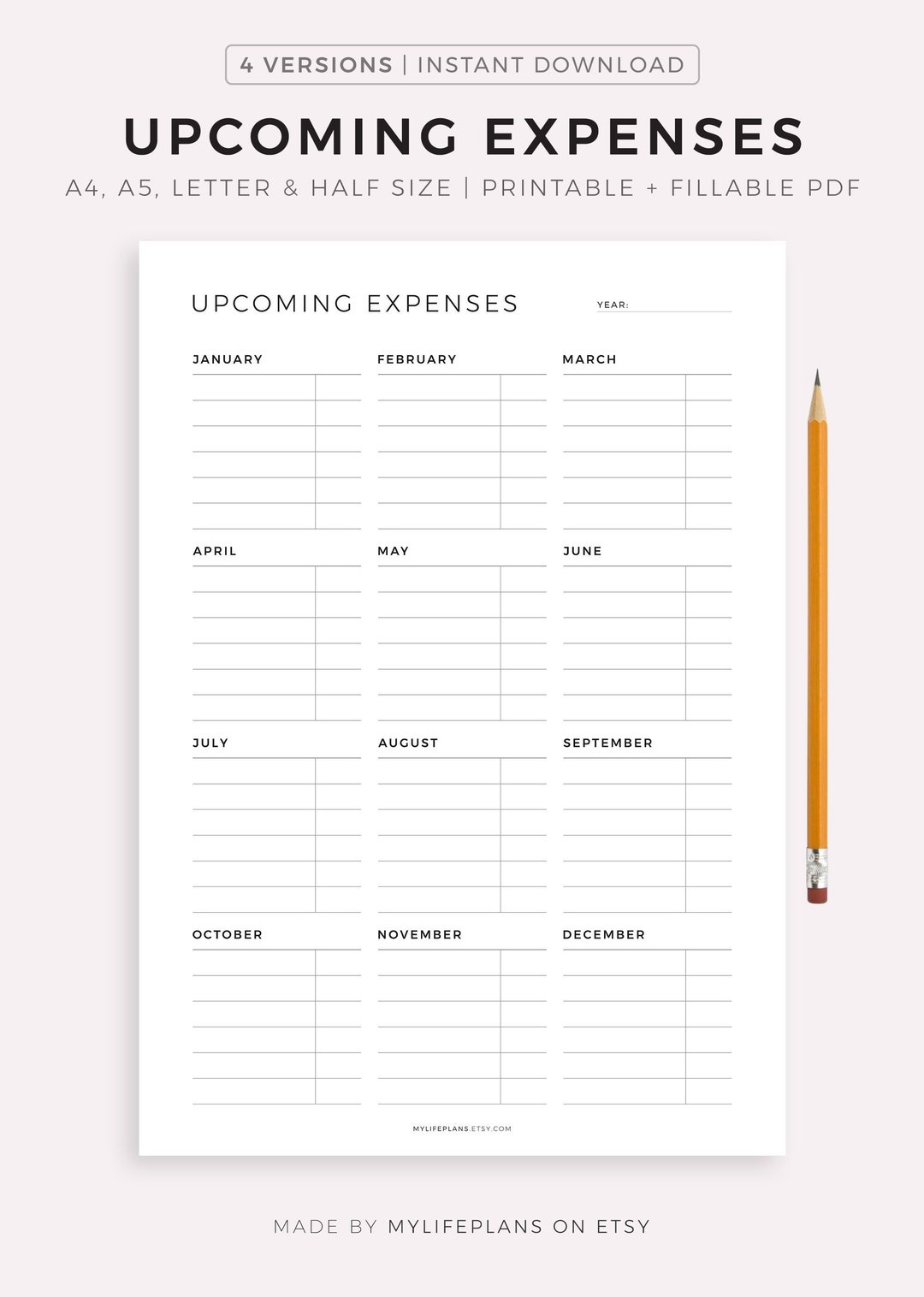 Upcoming Expenses Printable, Yearly Spending Overview, Budget Plan, A4 ...