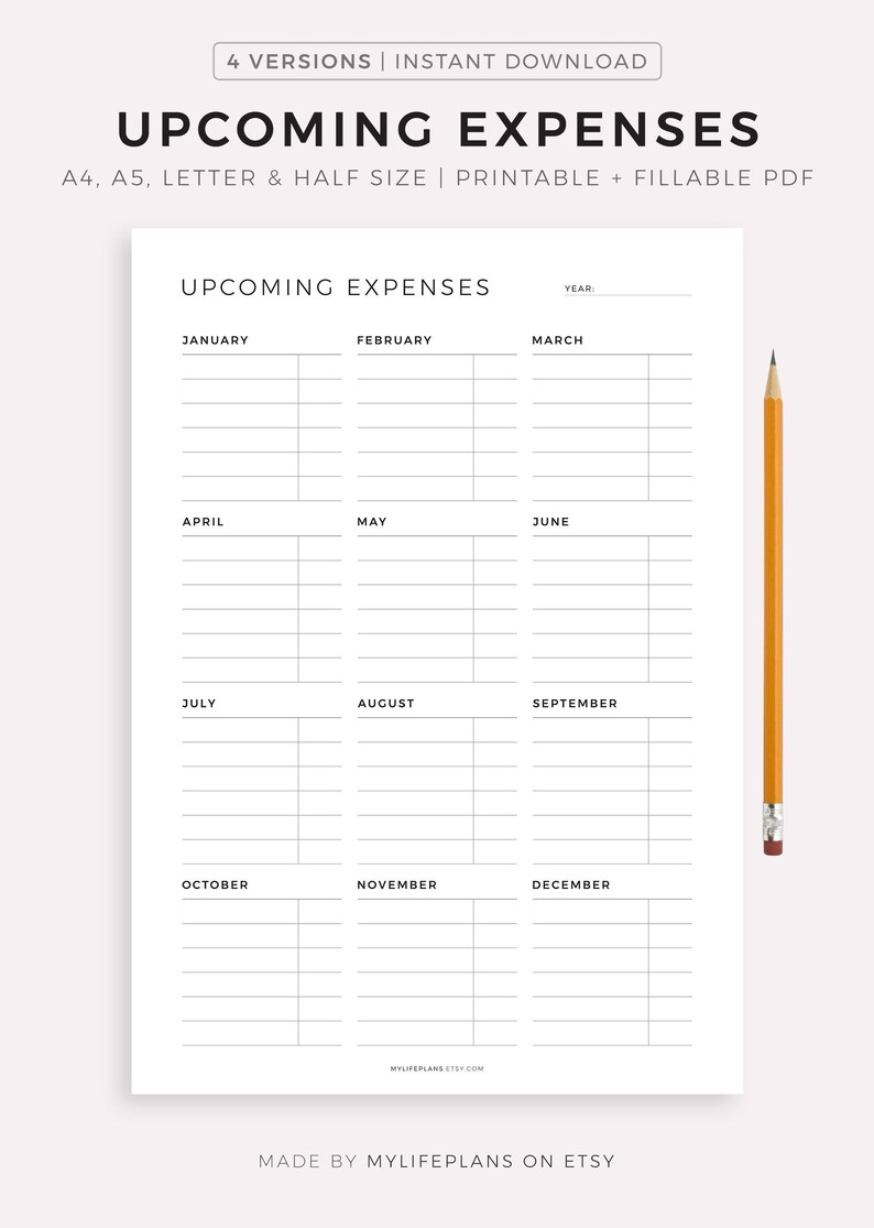 Upcoming Expenses Printable Yearly Spending Overview Budget - Etsy
