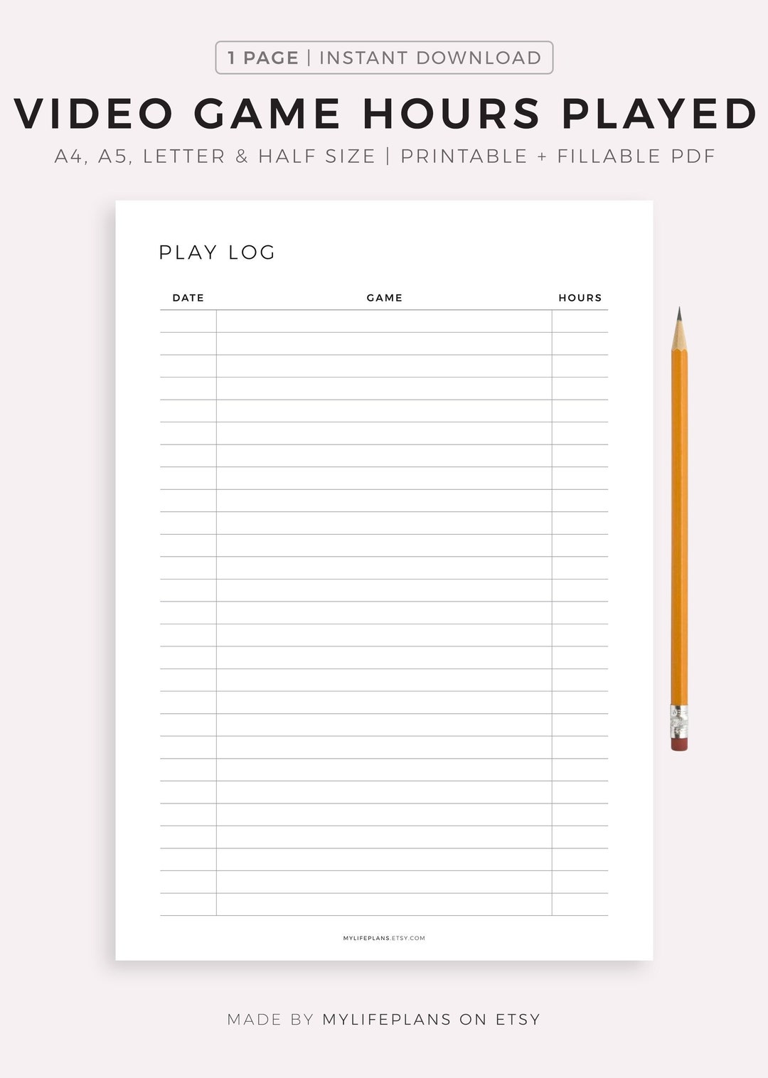 Video Game Hours Played Tracker Printable & Fillable PDF - Etsy