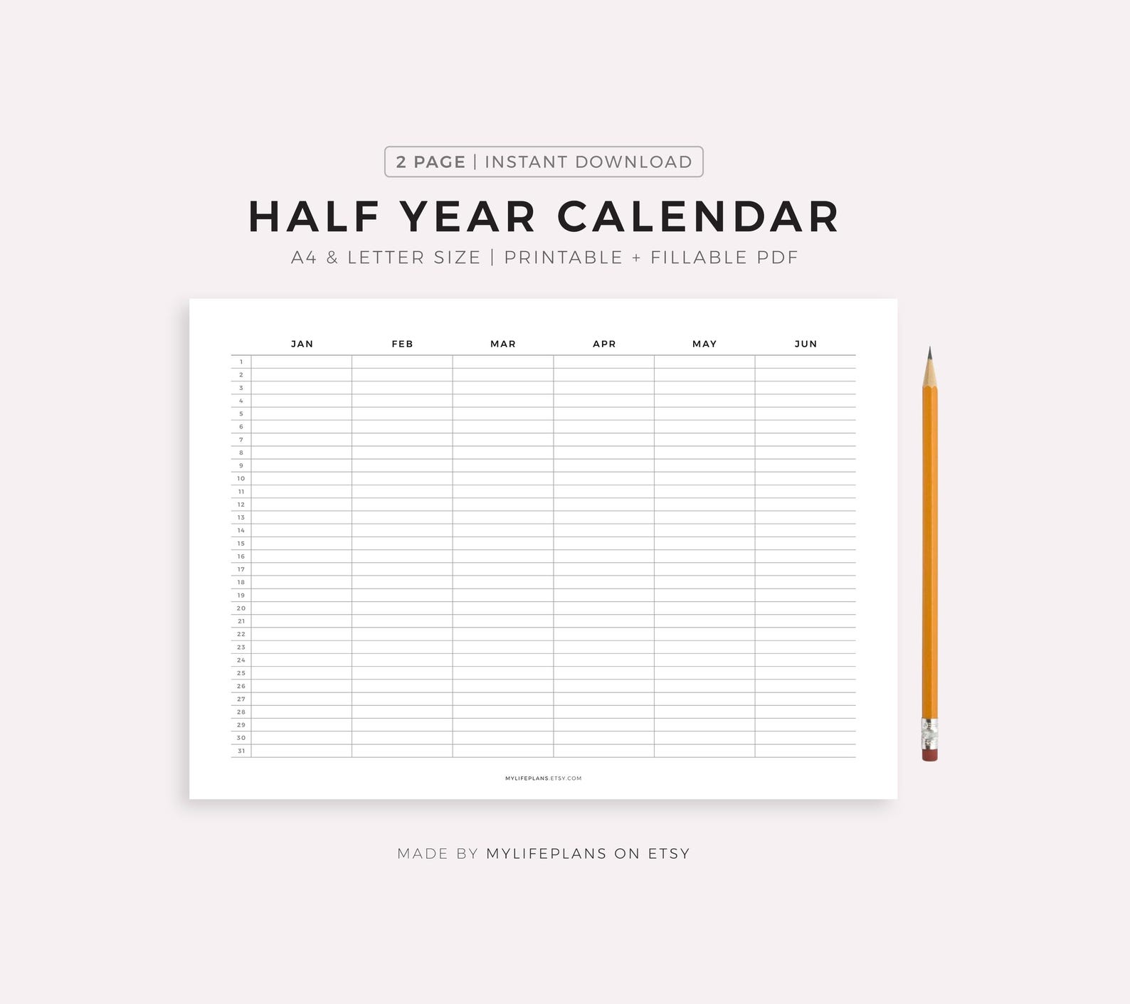 Half Year Calendar Printable, Undated Calendar on 2 Pages, Year at a ...