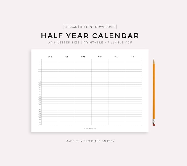 Half Year Calendar Printable, Undated Calendar on 2 Pages, Year at a ...