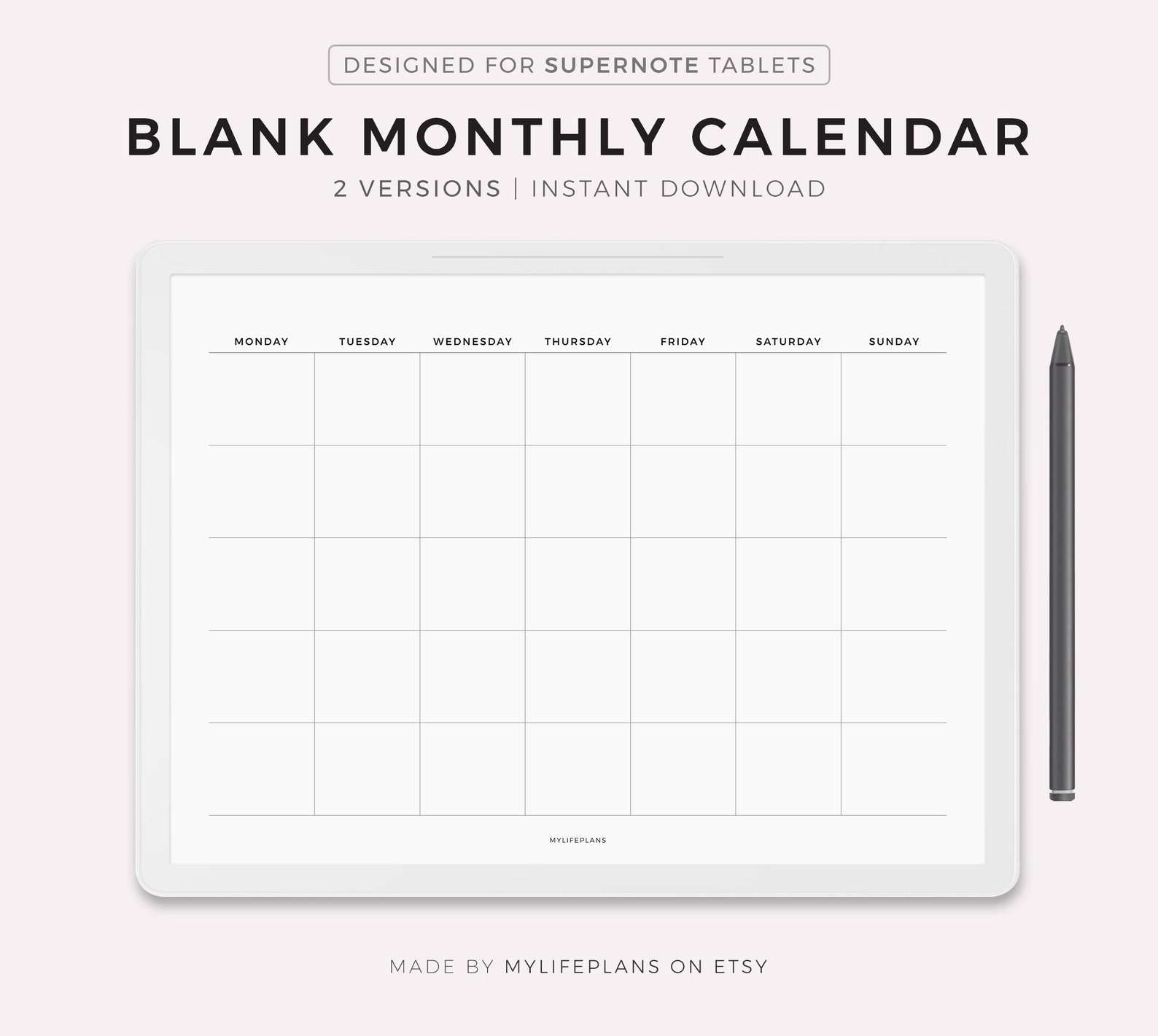 Blank Monthly Calendar for Supernote A5X2/A5X/A5/A6X2/A6X/A6, Landscape ...
