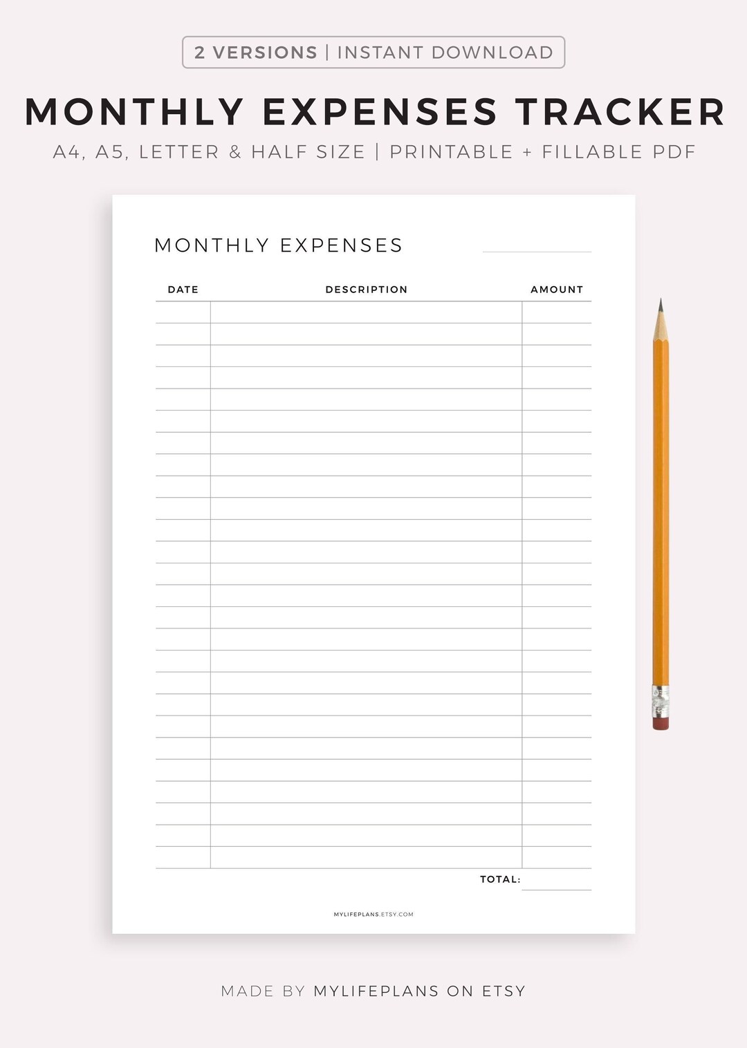Simple Monthly Expenses Tracker Printable, Spending Log, Purchase ...