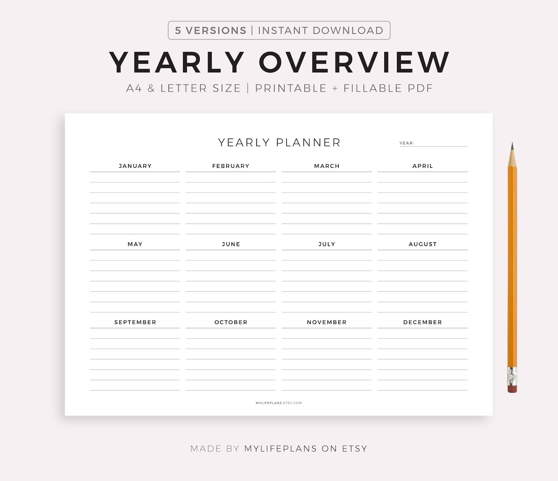 Yearly Overview Printable Landscape Yearly Planner Year at a - Etsy