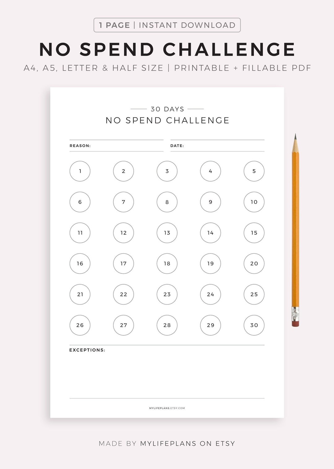 30 Day No Spending Challenge, Money Saving Challenge, Savings Tracker ...