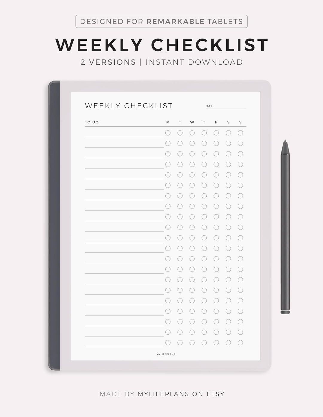 Weekly Checklist Template for Remarkable 2, Weekly to Do List, Task ...