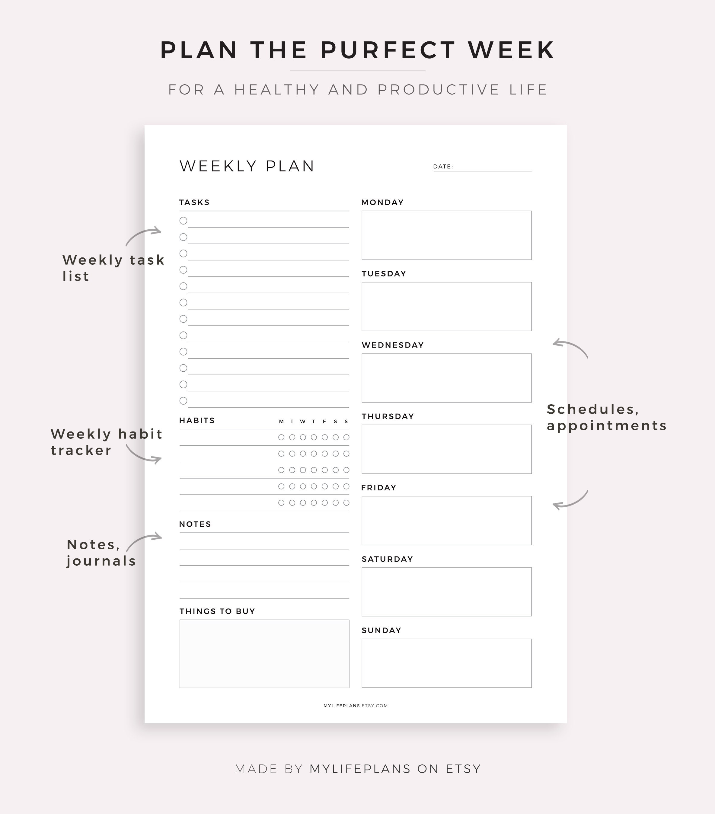 Printable Week Planner PDF, Weekly to Do List, Weekly Habit Tracker ...