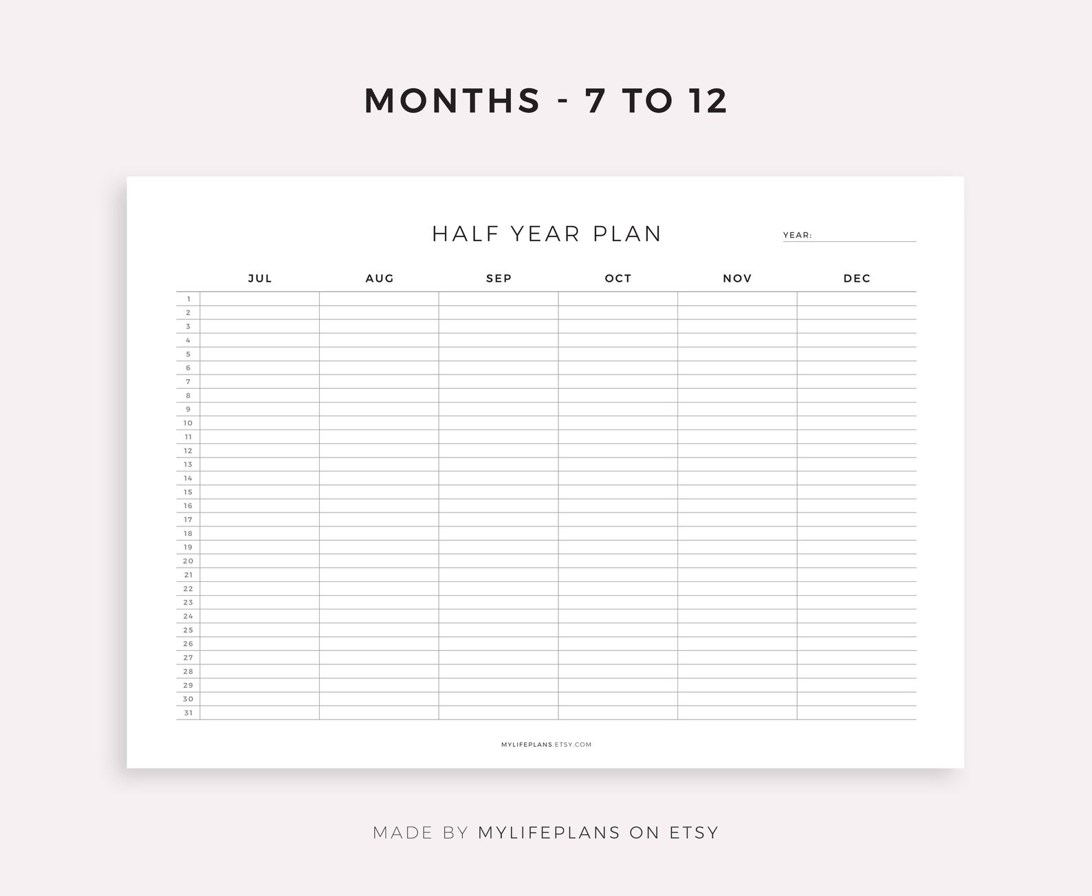 Half Year Planner Printable Landscape Year on 2 Pages - Etsy