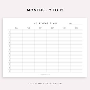 Half Year Planner Printable Landscape, Year on 2 Pages, Calendar ...