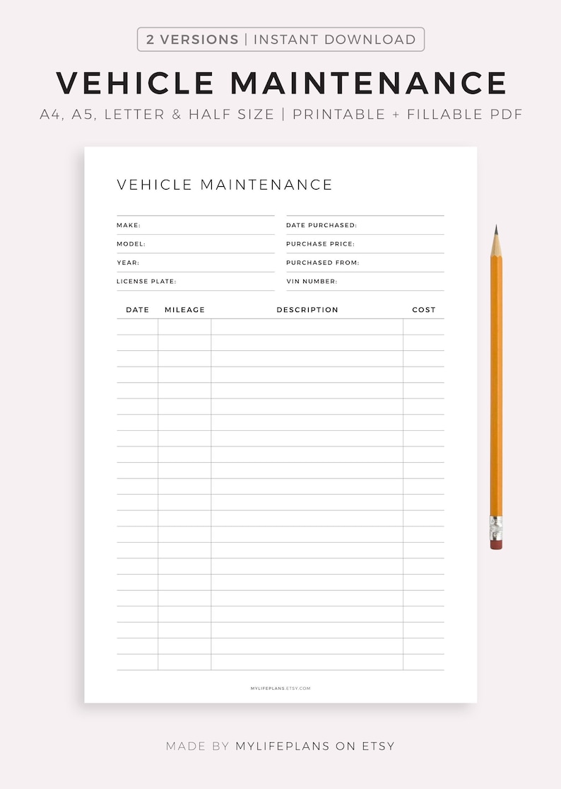 Vehicle Maintenance Log Book Vehicle Service Tracker Vehicle - Etsy