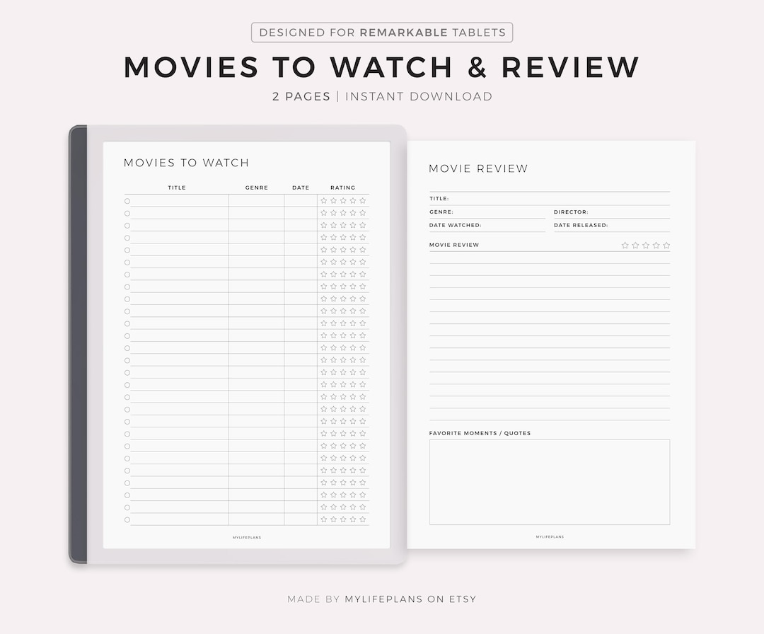 Movies to Watch & Review Page, Compatible With Remarkable 2, Instant ...