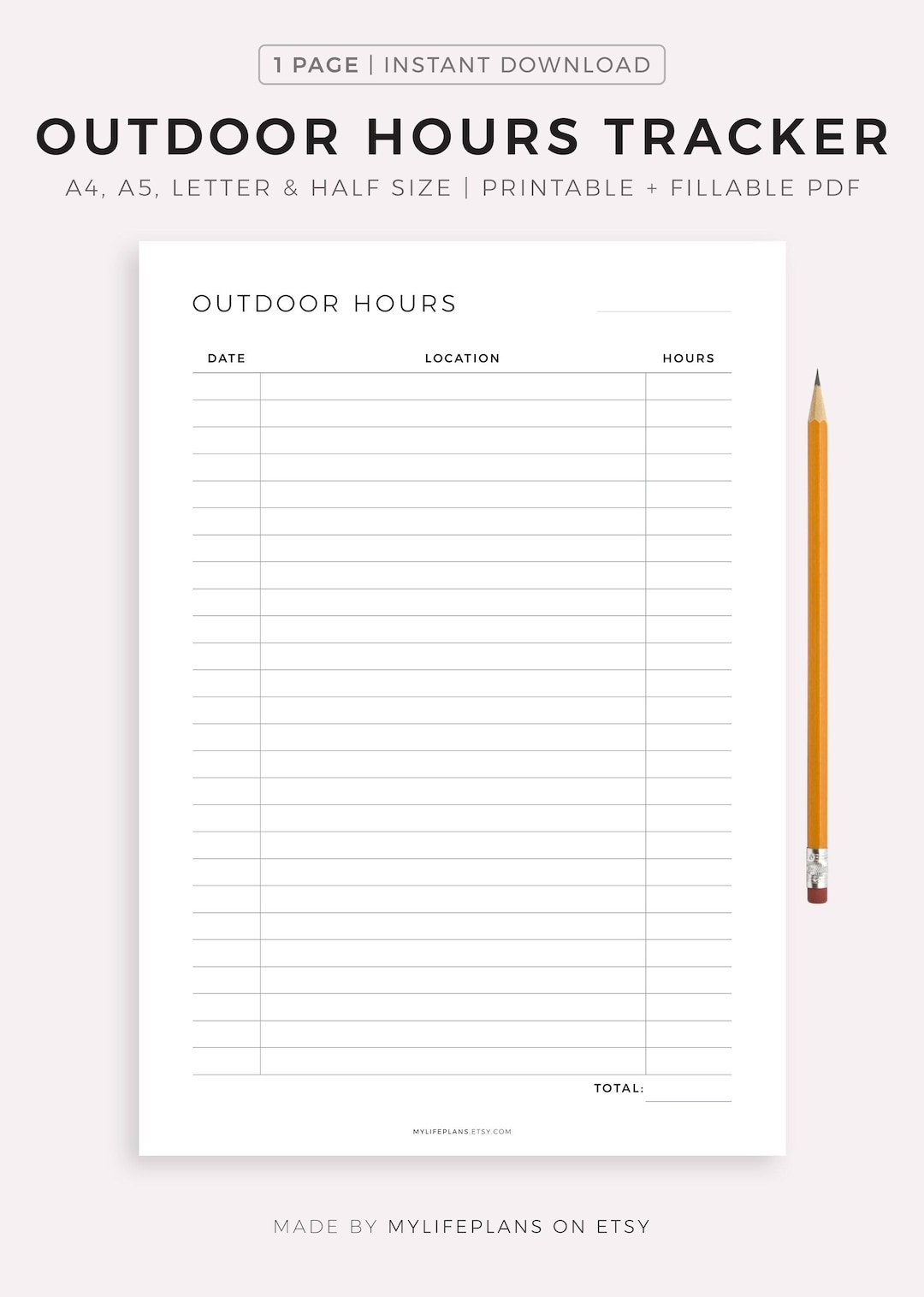 Outdoor Hours Tracker Printable, Track Your Time Outdoors, Activity Log ...