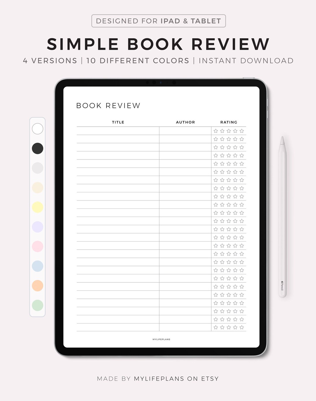 Simple Book Review Template Digital, Book Log and Review, Book Rating ...