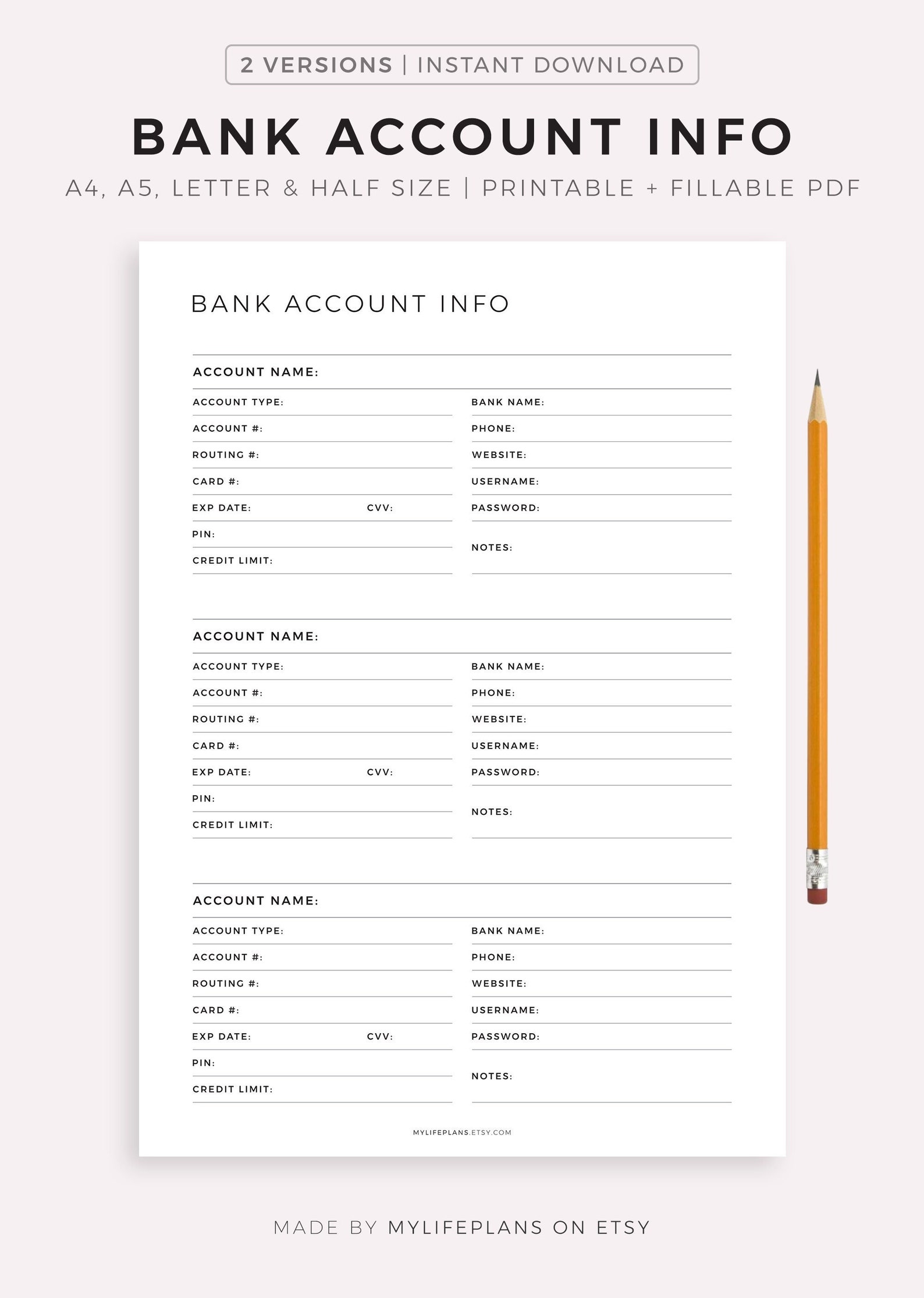 Bank Account Information Tracker Printable, Bank Account Log, Bank ...